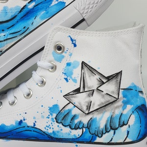 Papierboot Handbemalte Schuhe / Ozeanblaue Welle Custom Trainer / süße ...