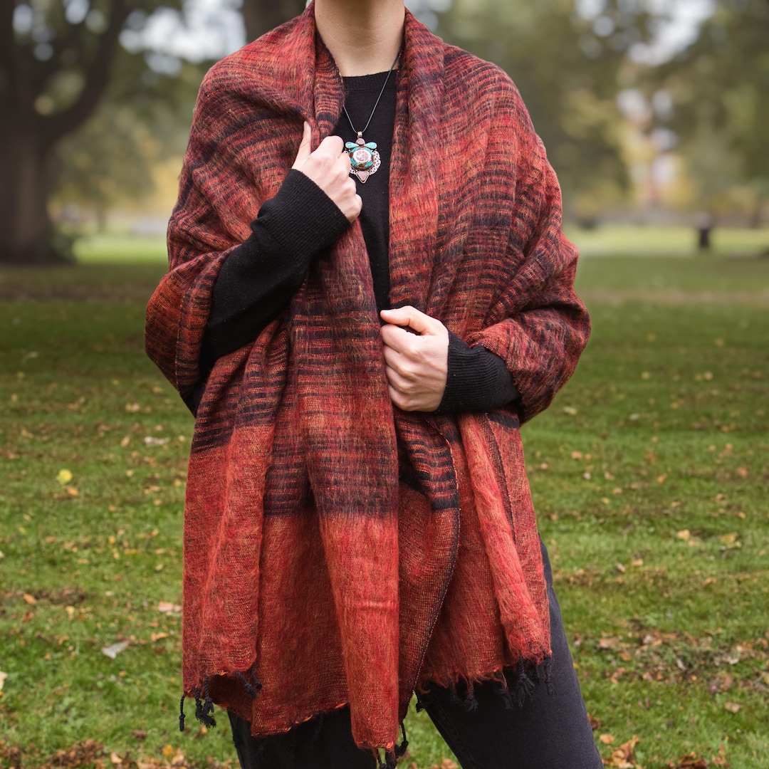 STRIPED BURNT ORANGE Yak Wool Shawl / Handmade in Nepal / Himalayan ...