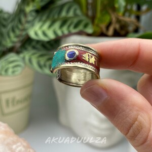 Newari Om Mani Padme Hum Multicoloured Ethnic Ring / Green Red Blue ...