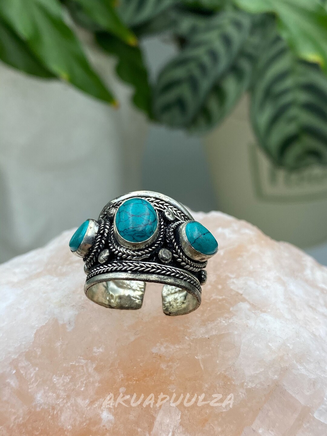 Three Stones Turquoise Tibetan Ring / Hippie Boho Ring / Nepalese ...