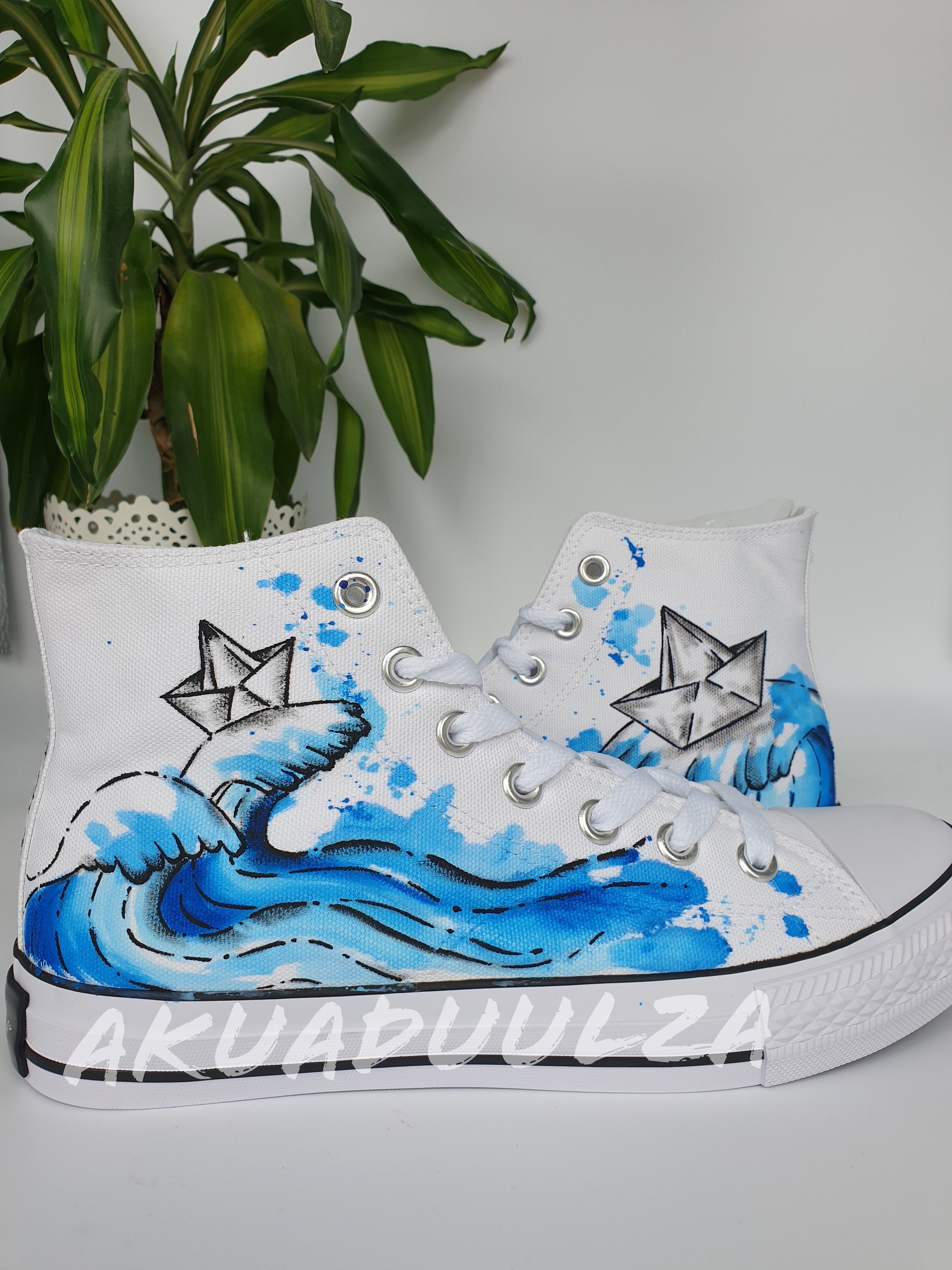 Papierboot Handbemalte Schuhe / Ozeanblaue Welle Custom Trainer / süße ...