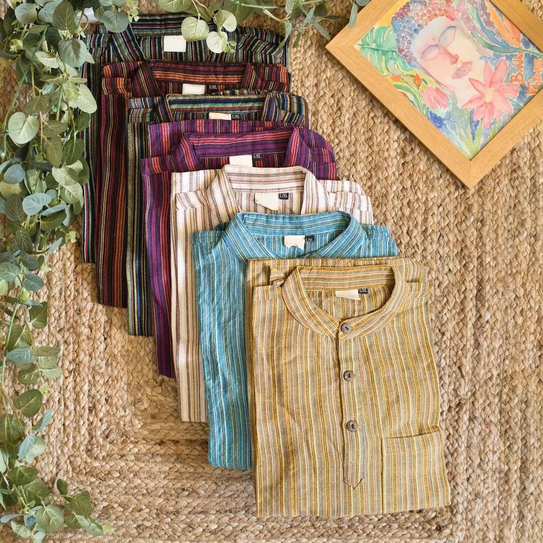 Striped Grandad Shirt | Handcrafted in Nepal, Collarless Cotton Long ...