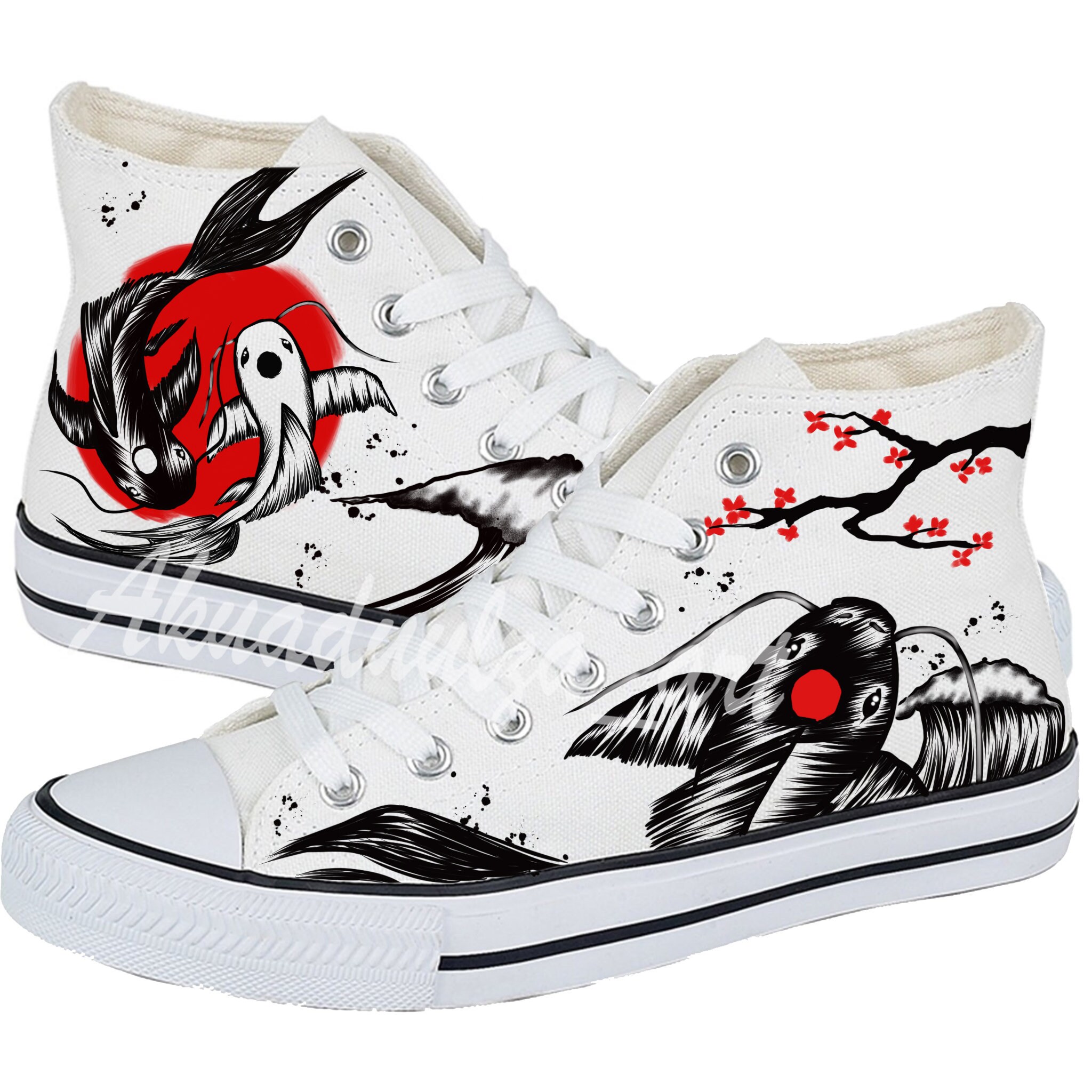 Japanese KOI FISH Hand Painted Shoes / Yin Yang Carp Shoes / Cherry ...