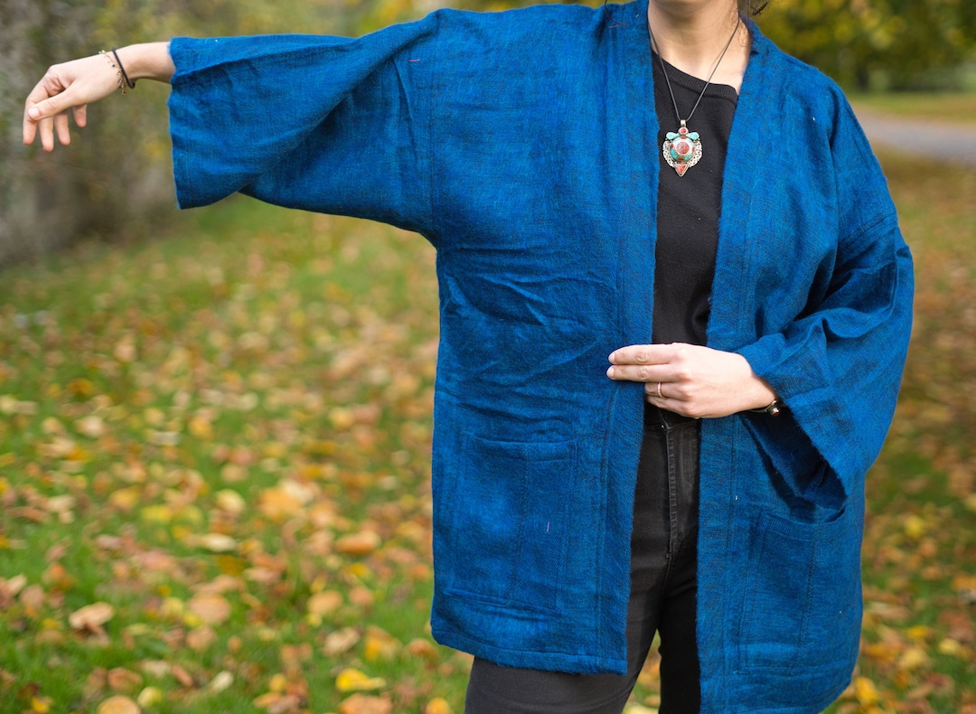 COBALT BLUE Yak Wool Kimono | Cosy Winter Haori | Unisex Hippie Boho ...