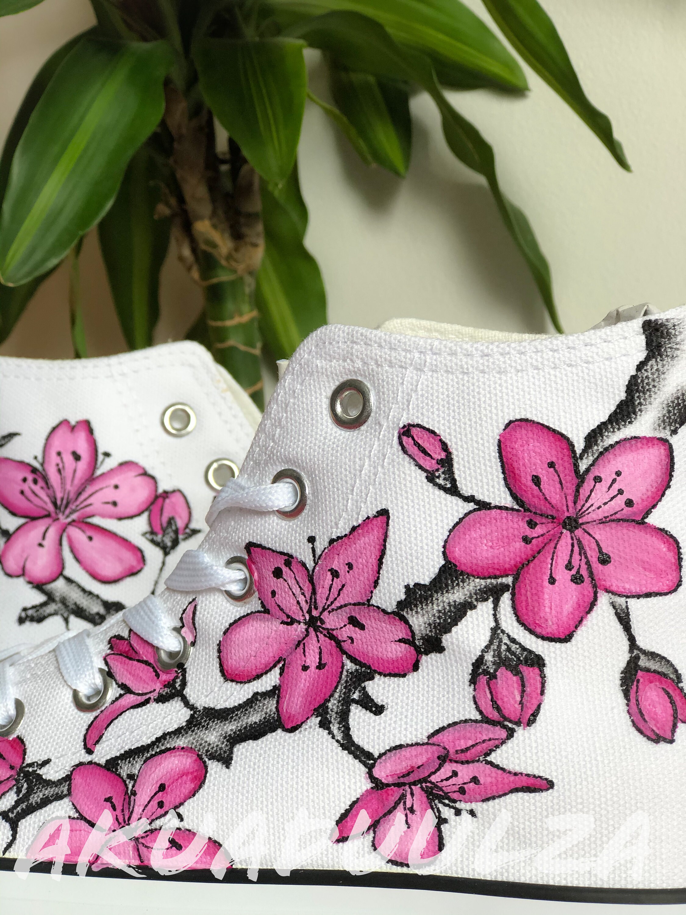 JAPANESE SAKURA Hand Painted Shoes / Floral Illustration / Japanese Art ...