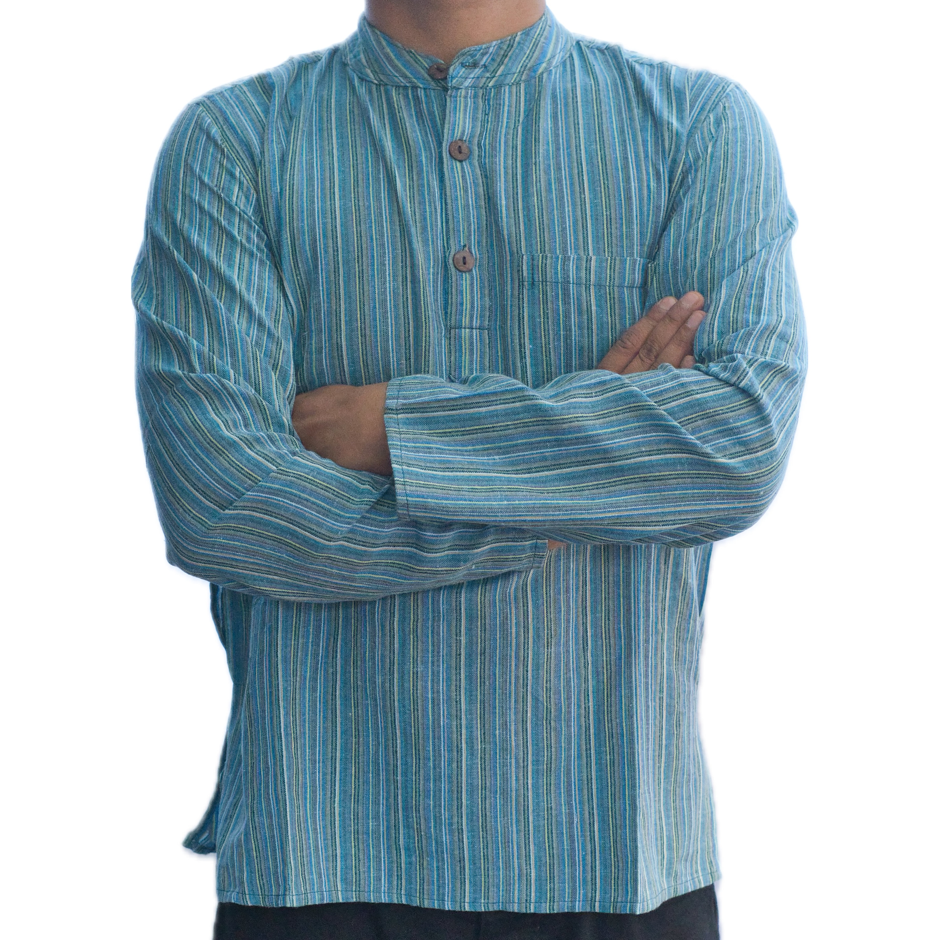 Striped Grandad Shirt | Handcrafted in Nepal, Collarless Cotton Long ...