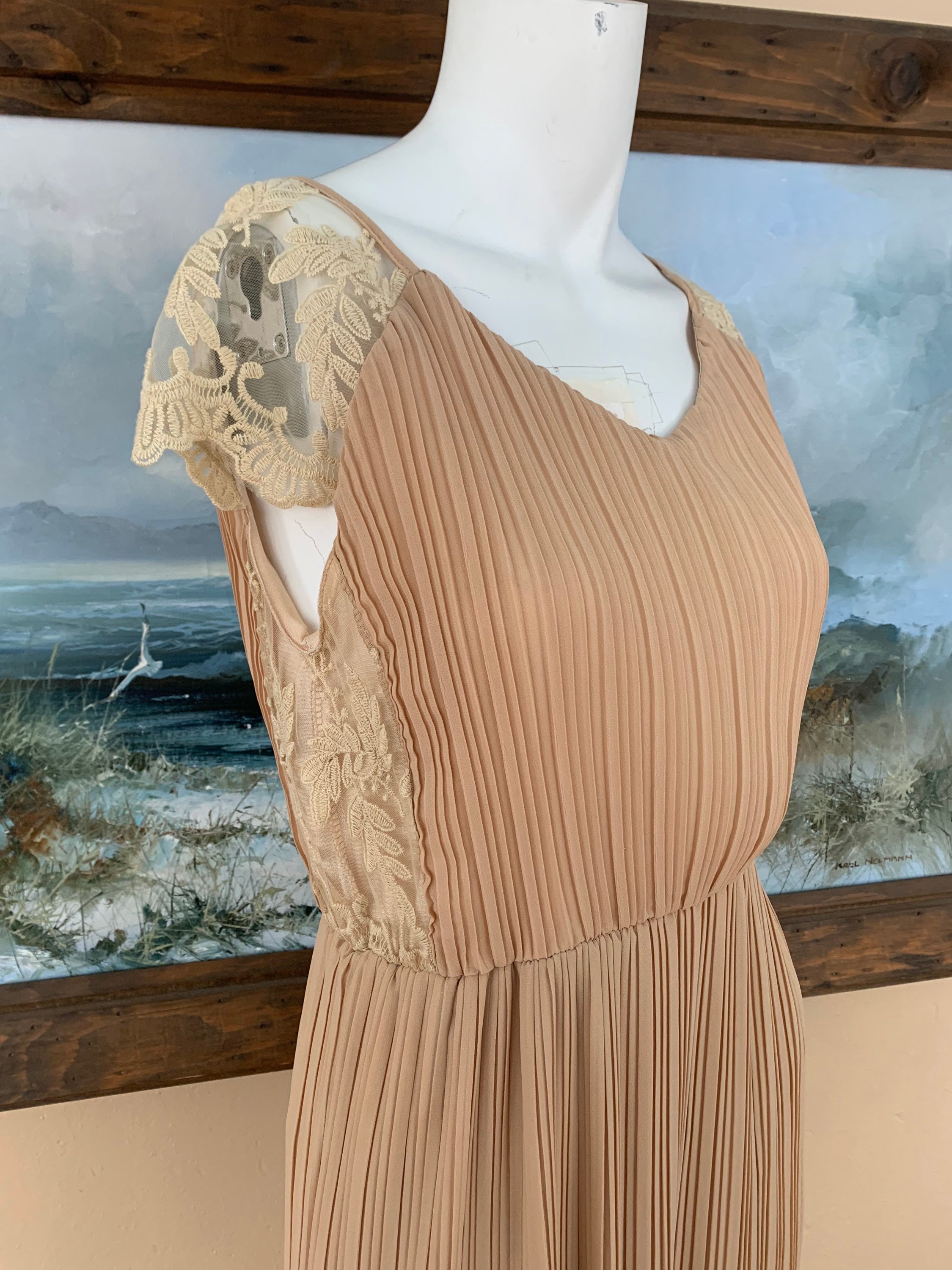 Vintage 70’s Pleated Maxi Dress W Lace Sleeves || 1970's Short Sleeve, A-line Midi Dress W ...