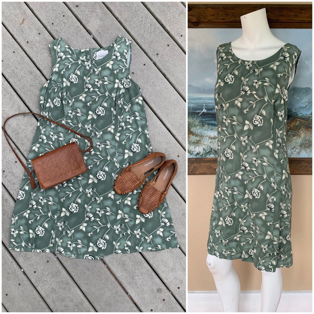 Vintage 90s Green Floral Mini Pinafore Midi Dress Sleeveless Plus Size ...