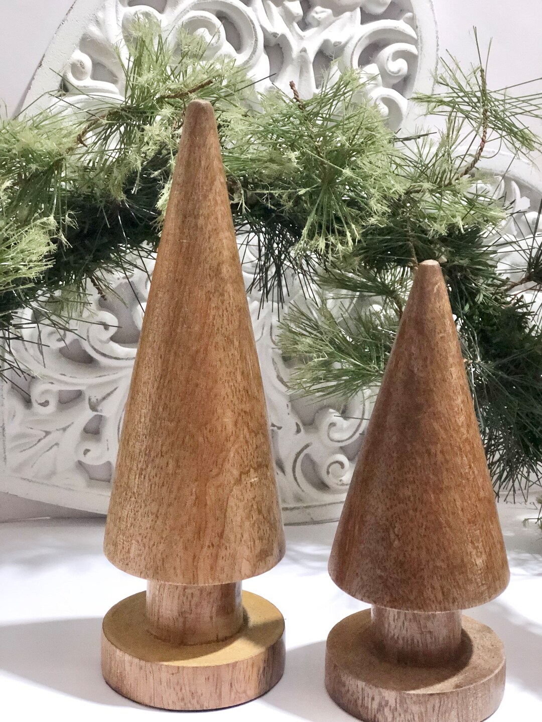 2 Wooden Cone Trees Festive Home Decor 15 & 20 Cms Wood Xmas - Etsy