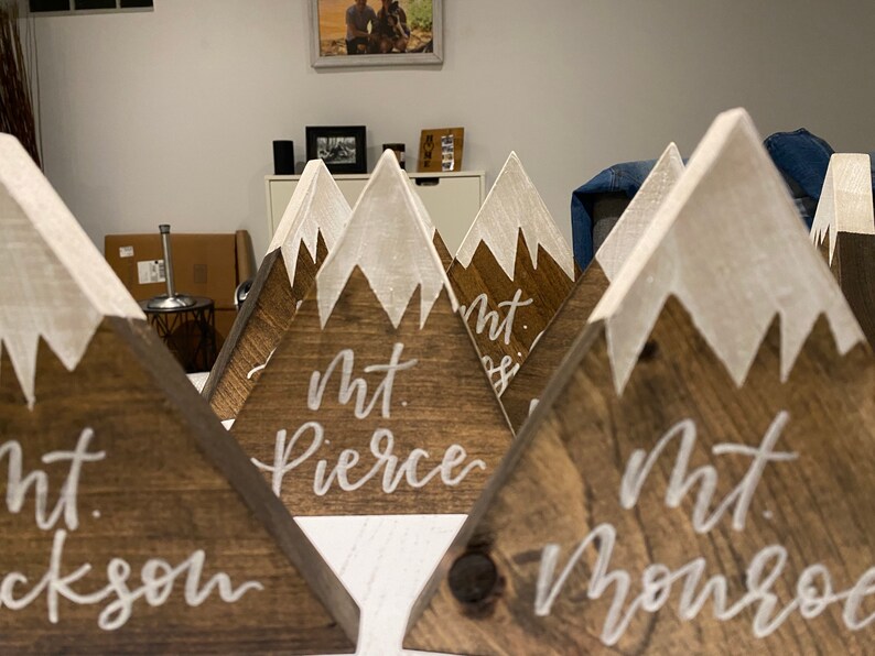 Wood mountain table numbers hand lettered table numbers | Etsy