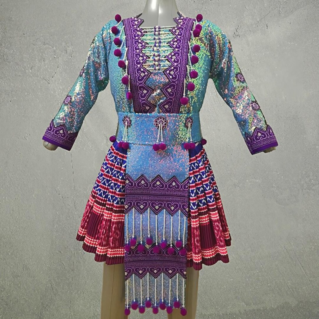 Hmong Ethnic Costume 4-piece Set: Blouse, Wrap Skirt, Apron, Sash ...