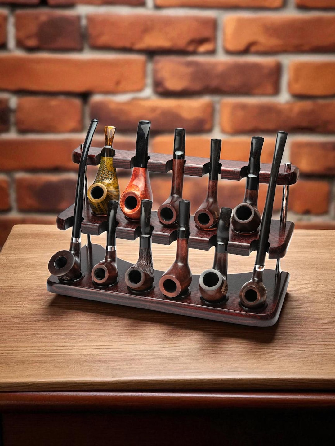 Wooden Pipe Stand Fit 11 Smoking Pipes - Tobacco Pipe Rack 2 Levels ...
