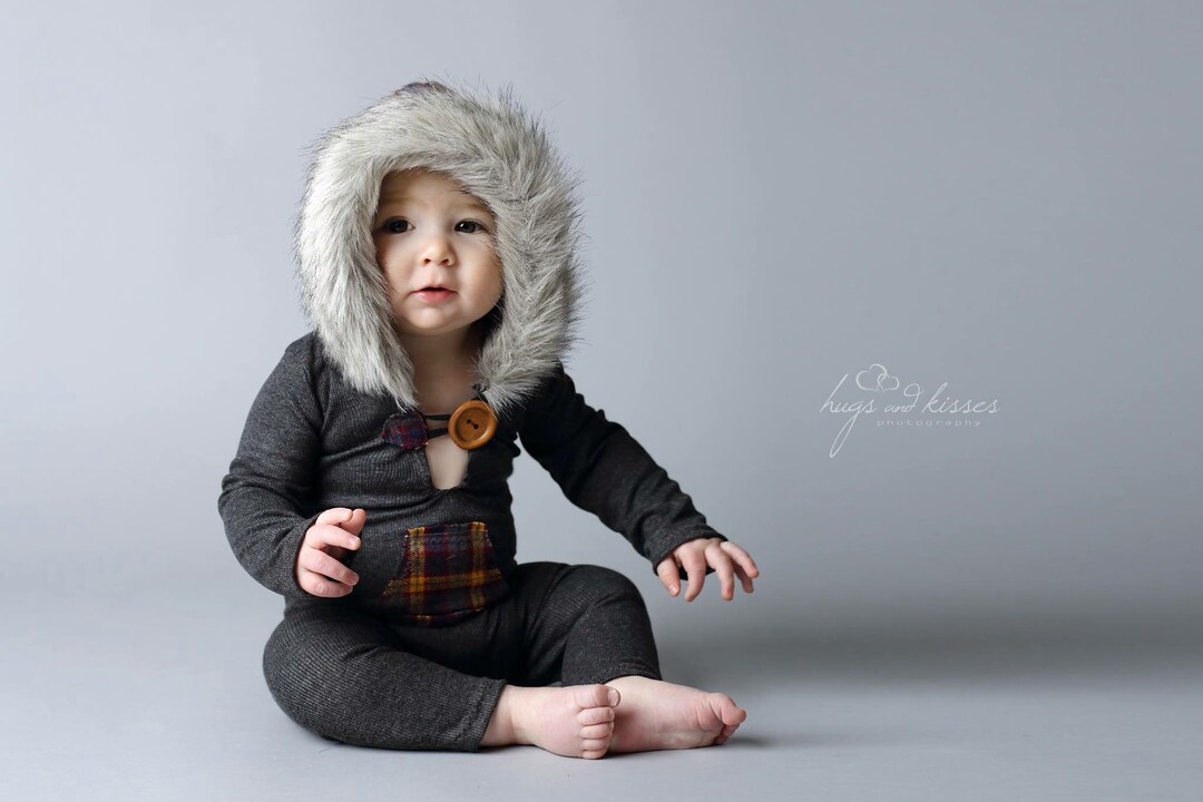 Winter 5 Dark Gray Faux Fur Hooded Romper Sitter Winter - Etsy