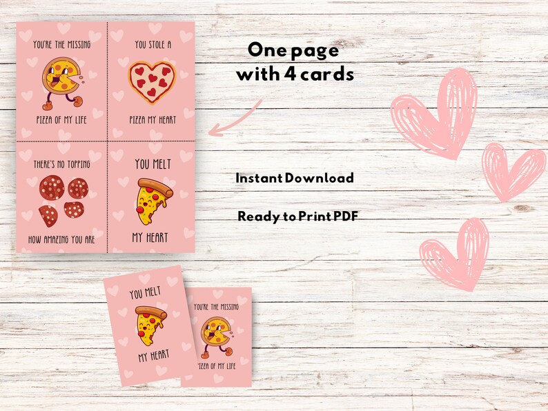 PRINTABLE Cute Pizza Valentine Cards Set of 4 Instant Download Funny ...