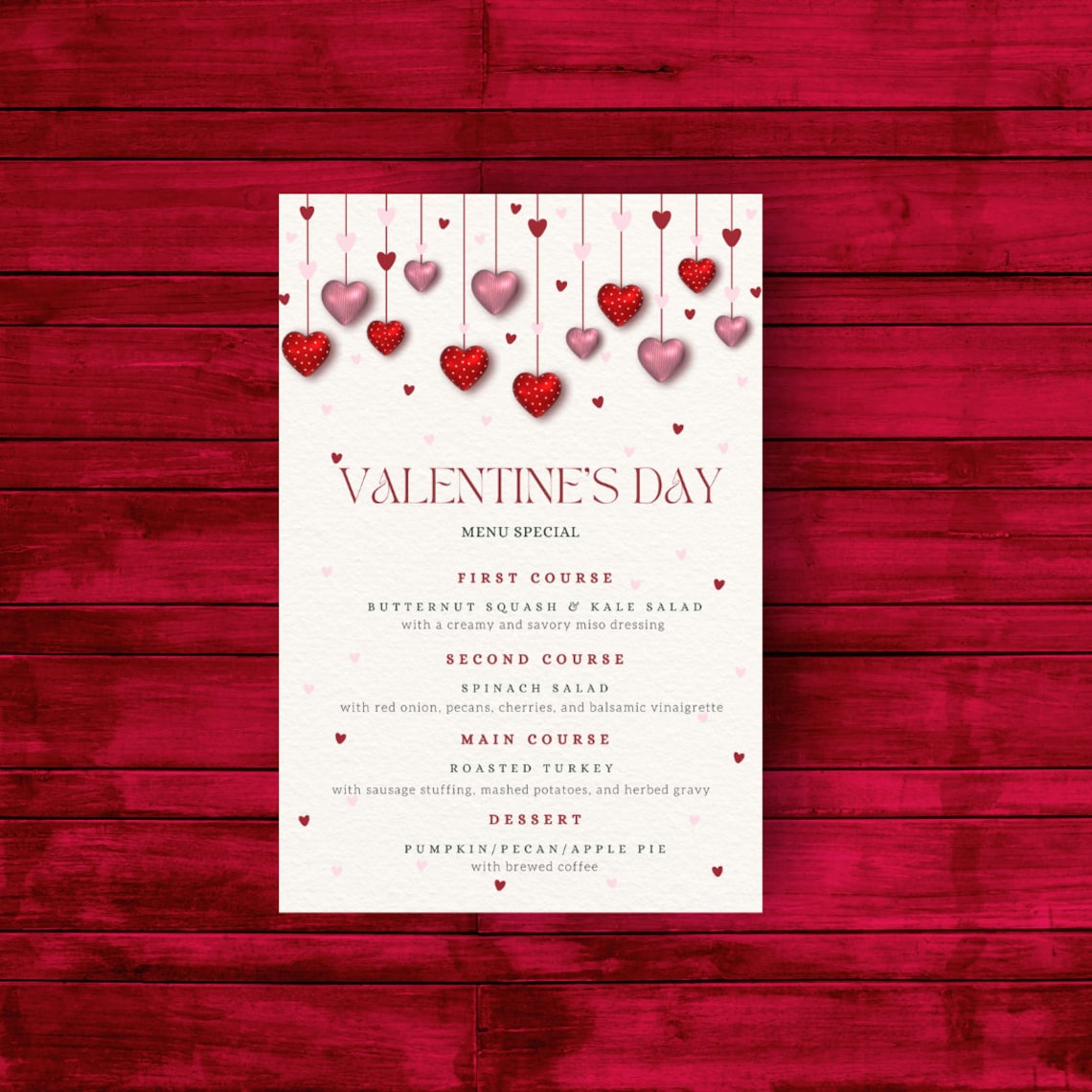 Editable Valentine Menu Card Template, Red and Pink, Hearts, Valentine ...