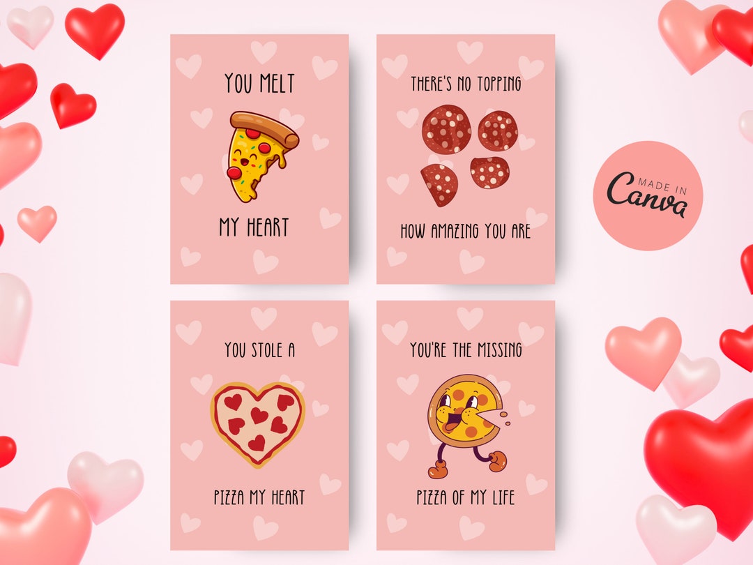 PRINTABLE Cute Pizza Valentine Cards Set of 4 Instant Download Funny ...