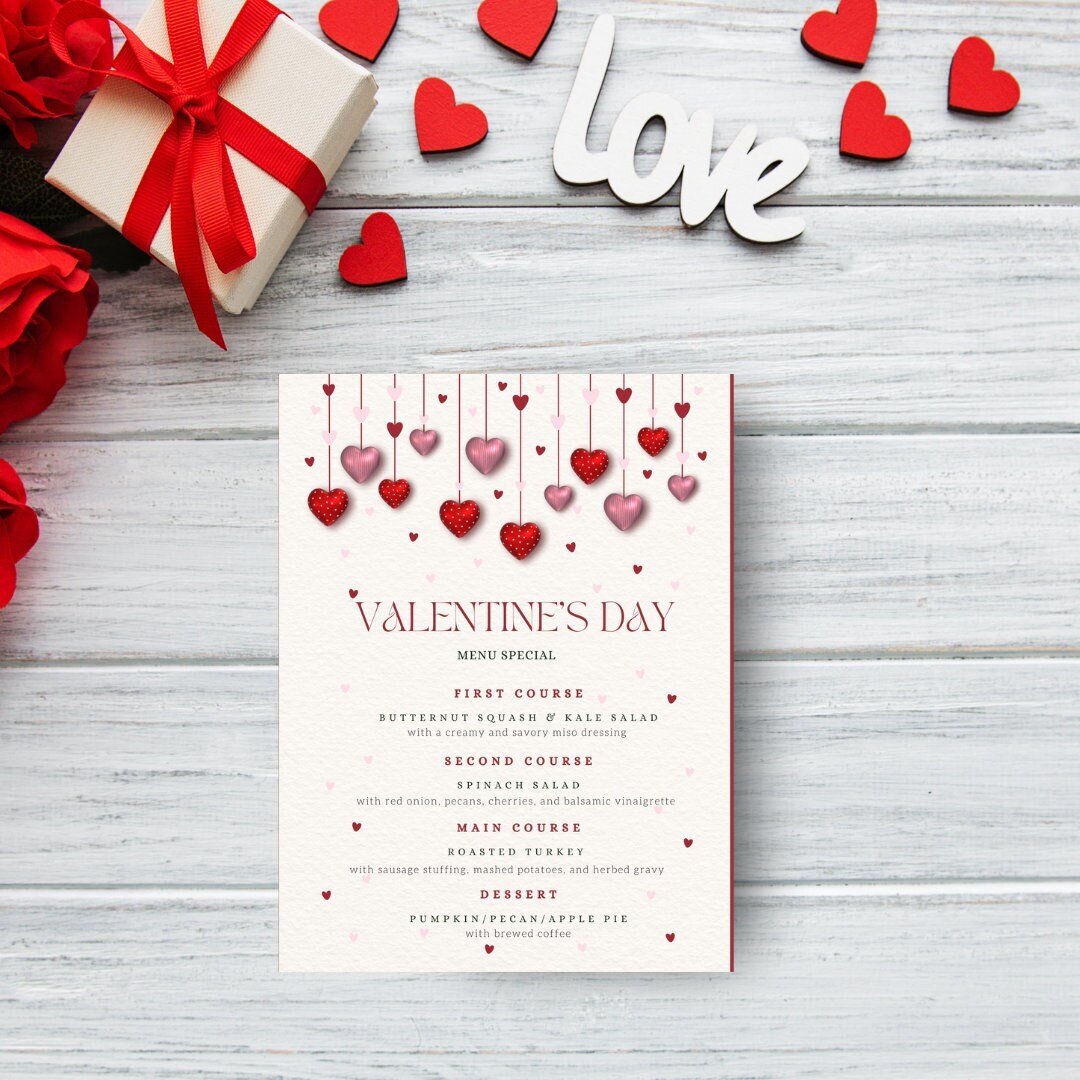 Editable Valentine Menu Card Template, Red and Pink, Hearts, Valentine ...