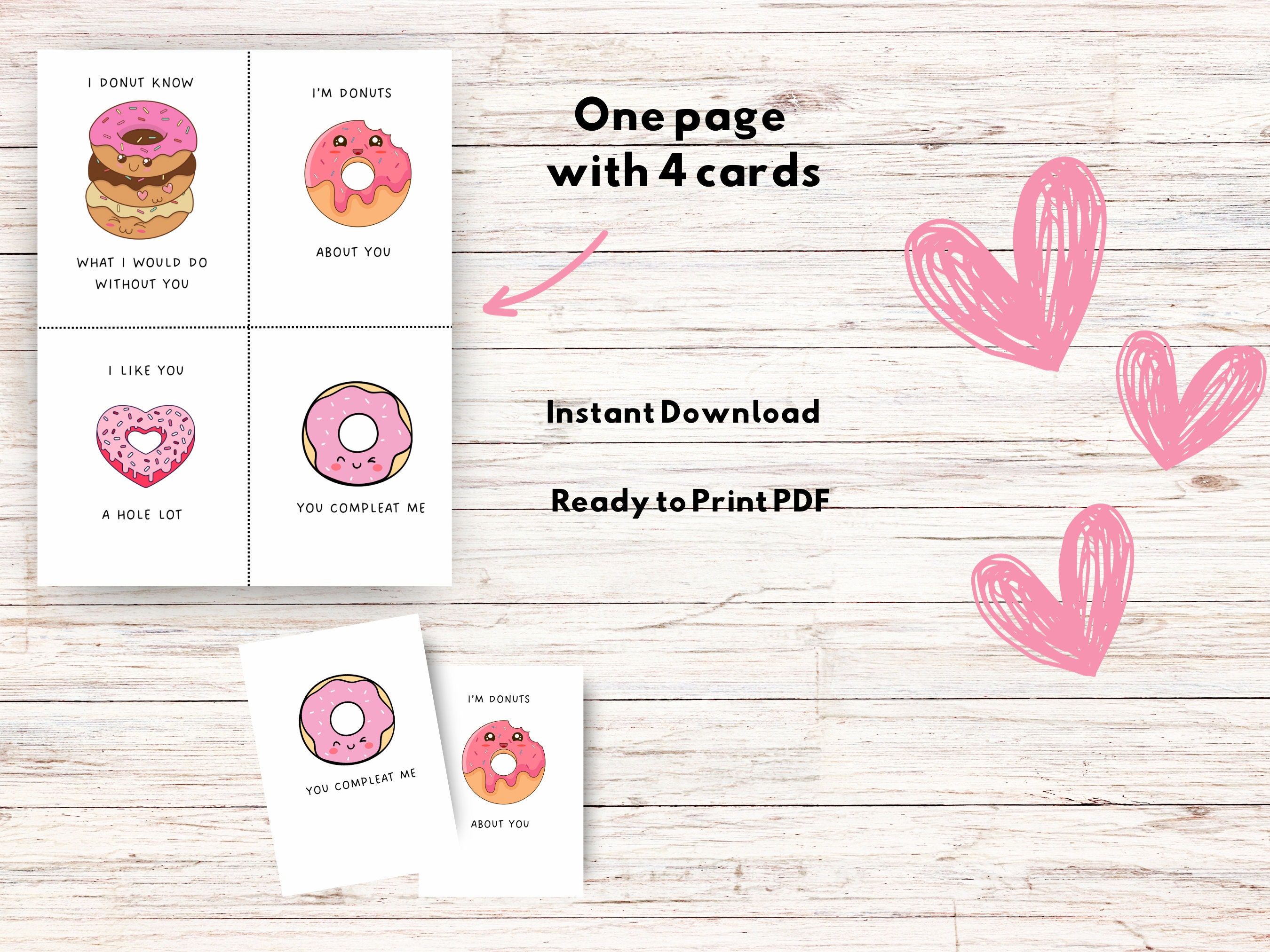 PRINTABLE Cute Donut Valentine Cards - Set of 4 | Instant Download ...
