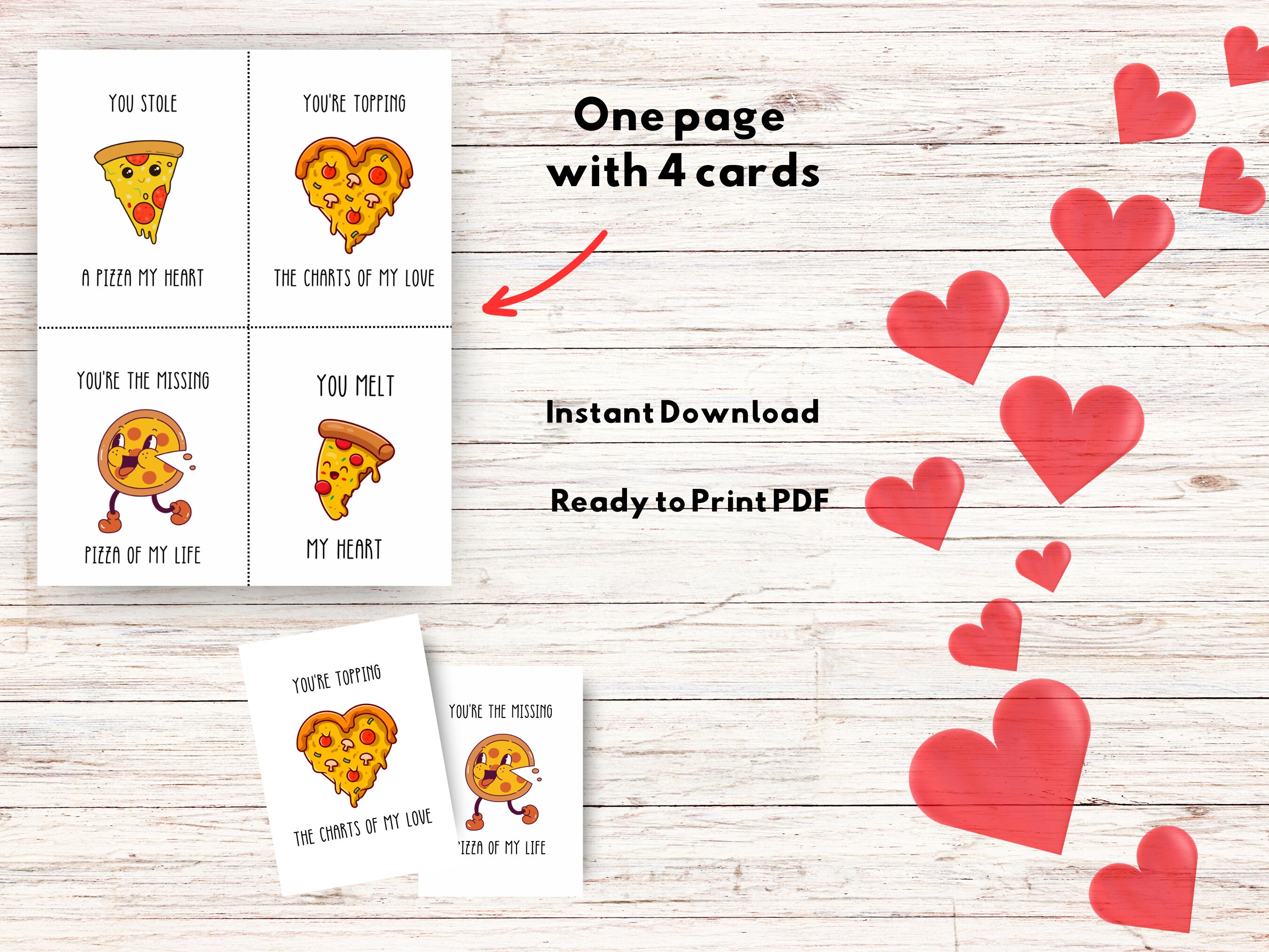 PRINTABLE Cute Pizza Valentine Cards Set of 4 Instant Download Funny ...