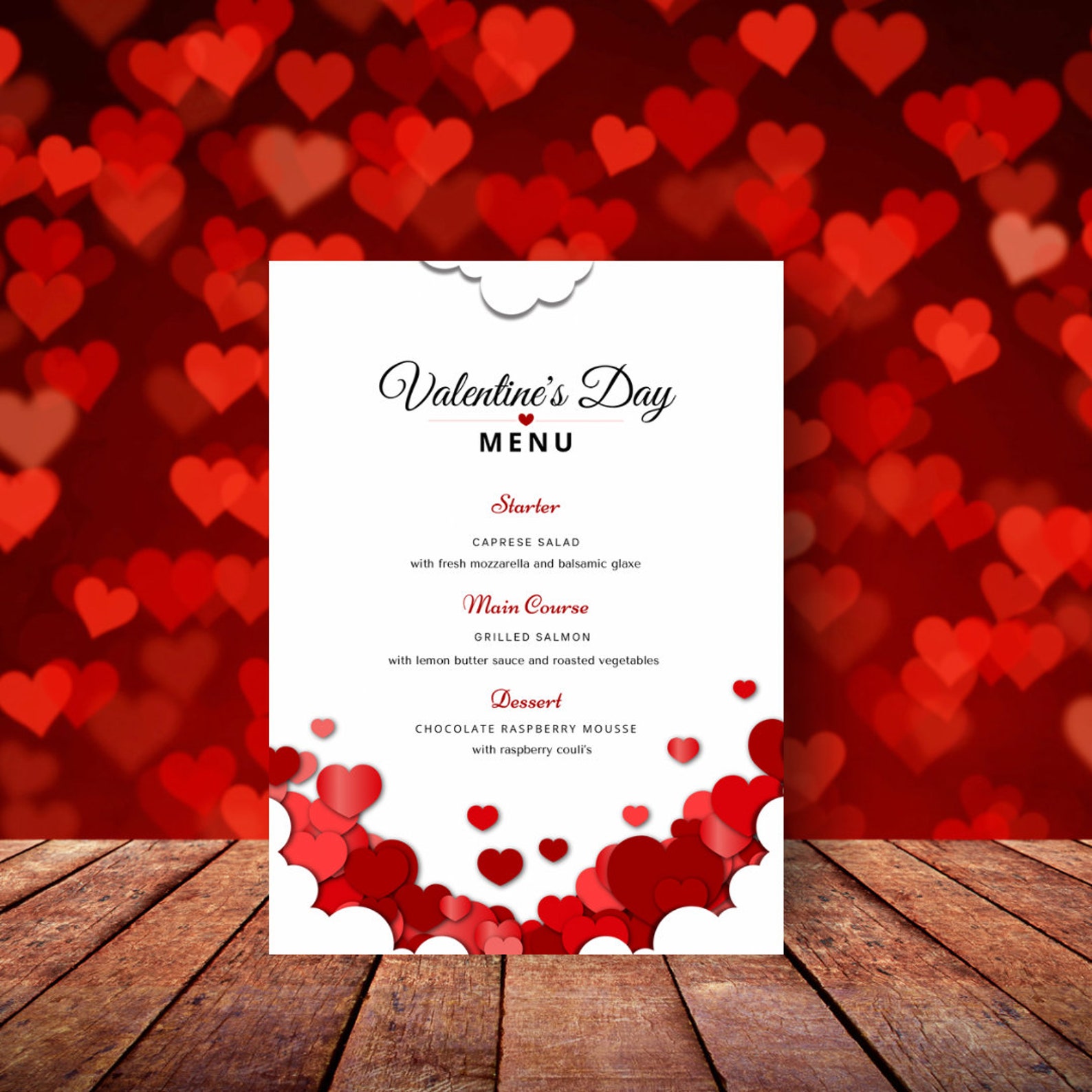Red Editable Valentine Menu Card Template , Hearts, Valentine's Day ...