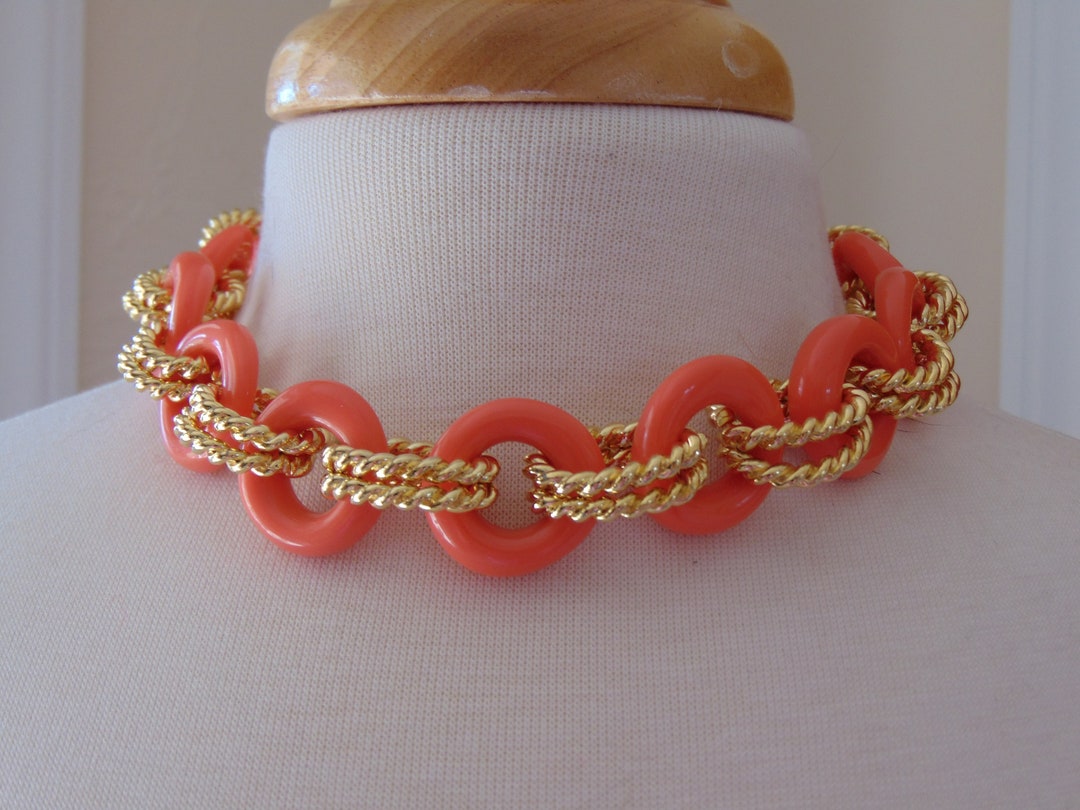 Vintage Preloved Coral Lucite and Gold Hoop Choker Kenneth Jay Lane ...
