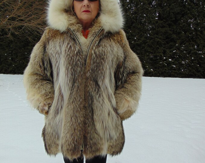 Hooded Coyote Jacket Canadian Furs, Preloved Coyote Jacket, Vintage ...