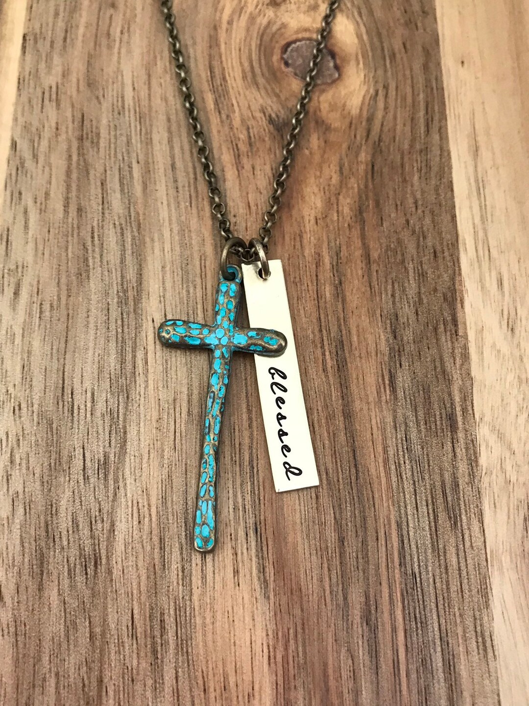 Blessed Cross Necklace Turquoise Patina Jewelry Christian Gift Cursive ...