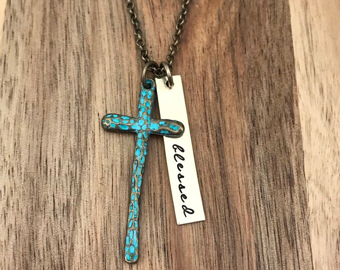 Blessed Cross Necklace Turquoise Patina Jewelry Christian Gift Cursive ...