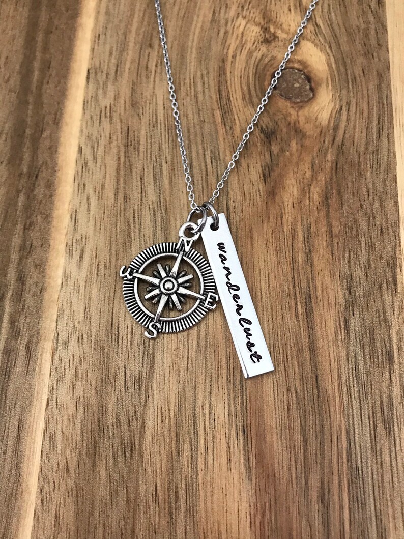Wanderlust Necklace Compass Jewelry Travel Gift Quote Hand | Etsy