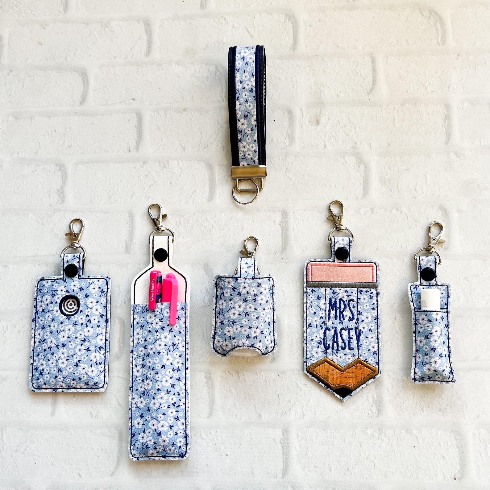 Tiny Blue Floral Pencil ID Holder,personalized Bag Tag,custom ID Badge ...