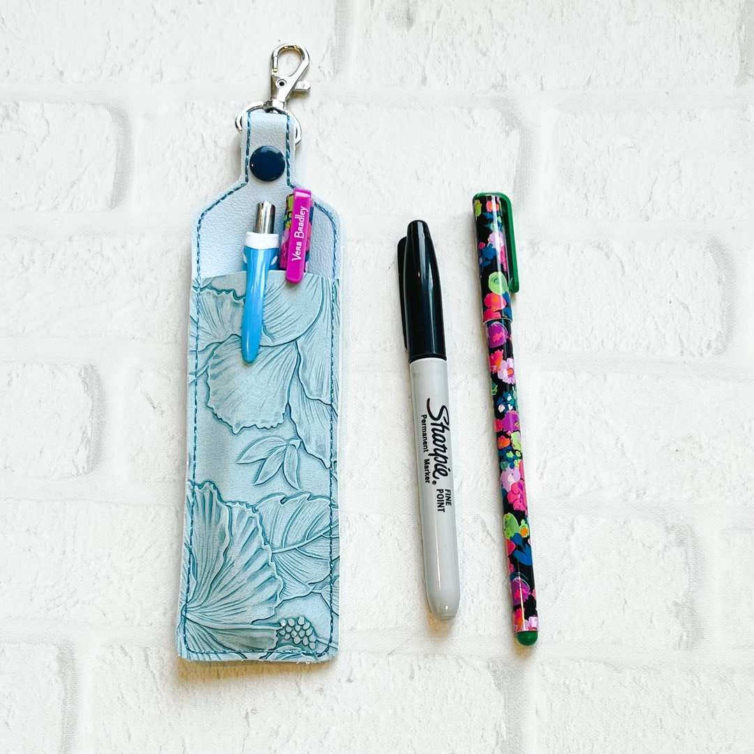 Light Blue Floral Embossed 2 Pen Pencil Holder Keychain,stylus Holder ...