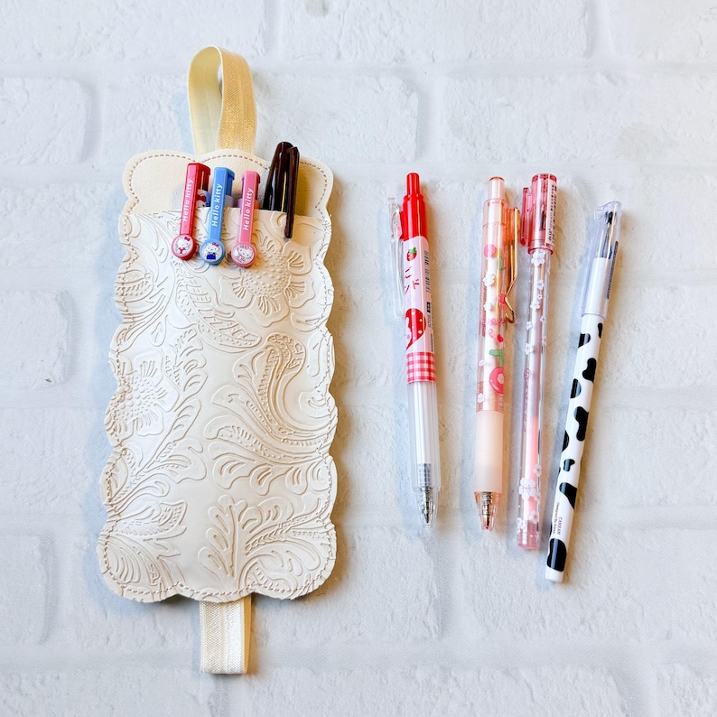 Vegan Leather Planner Pen Pocket: Cream Embossed Pen Holder, Pencil ...