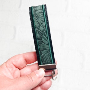 Green Floral Embossed Vegan Leather Wristlet Keychain Key Chain ...