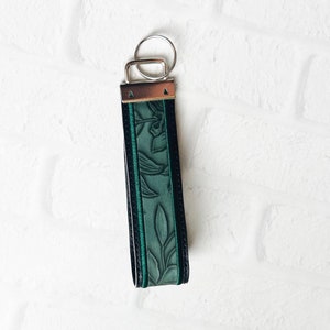 Green Floral Embossed Vegan Leather Wristlet Keychain Key Chain ...