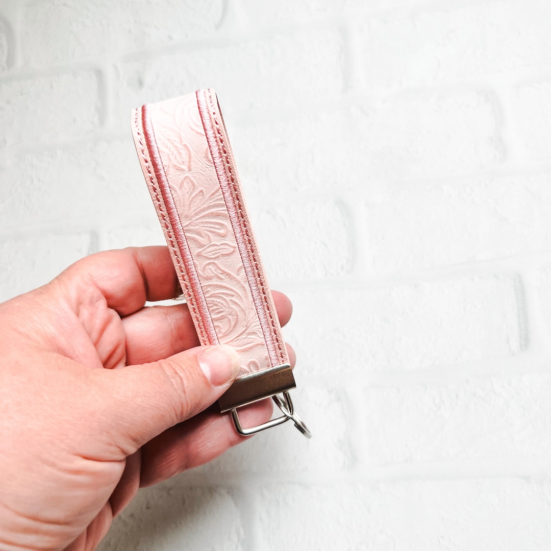 Light Pink Embossed Vegan Leather Wristlet Keychain: Handmade Lanyard ...