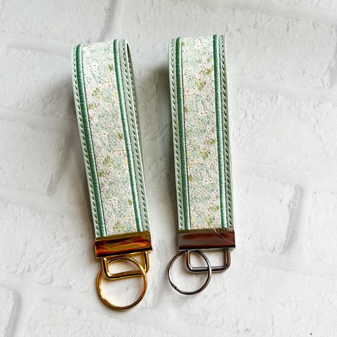 Green Floral Vegan Leather Wristlet Keychain Key Chain, Bridesmaid Gift ...