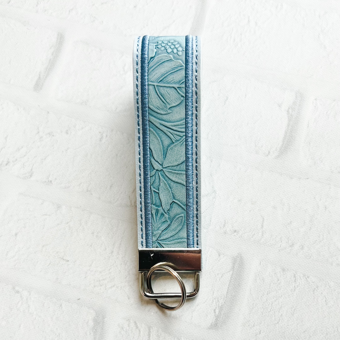 Floral Embossed Vegan Leather Wristlet Keychain - Light Blue Key Fob - Etsy