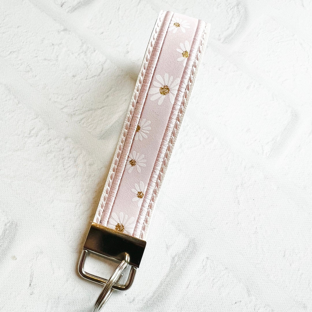 Pink Daisy Vegan Leather Wristlet Keychain Key Chain,bridesmaid Gift ...