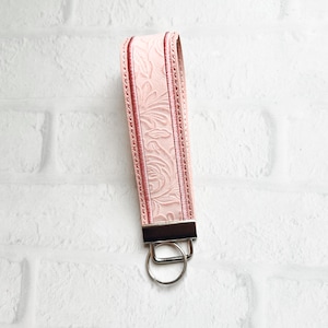 Light Pink Embossed Vegan Leather Wristlet Keychain: Handmade Lanyard ...
