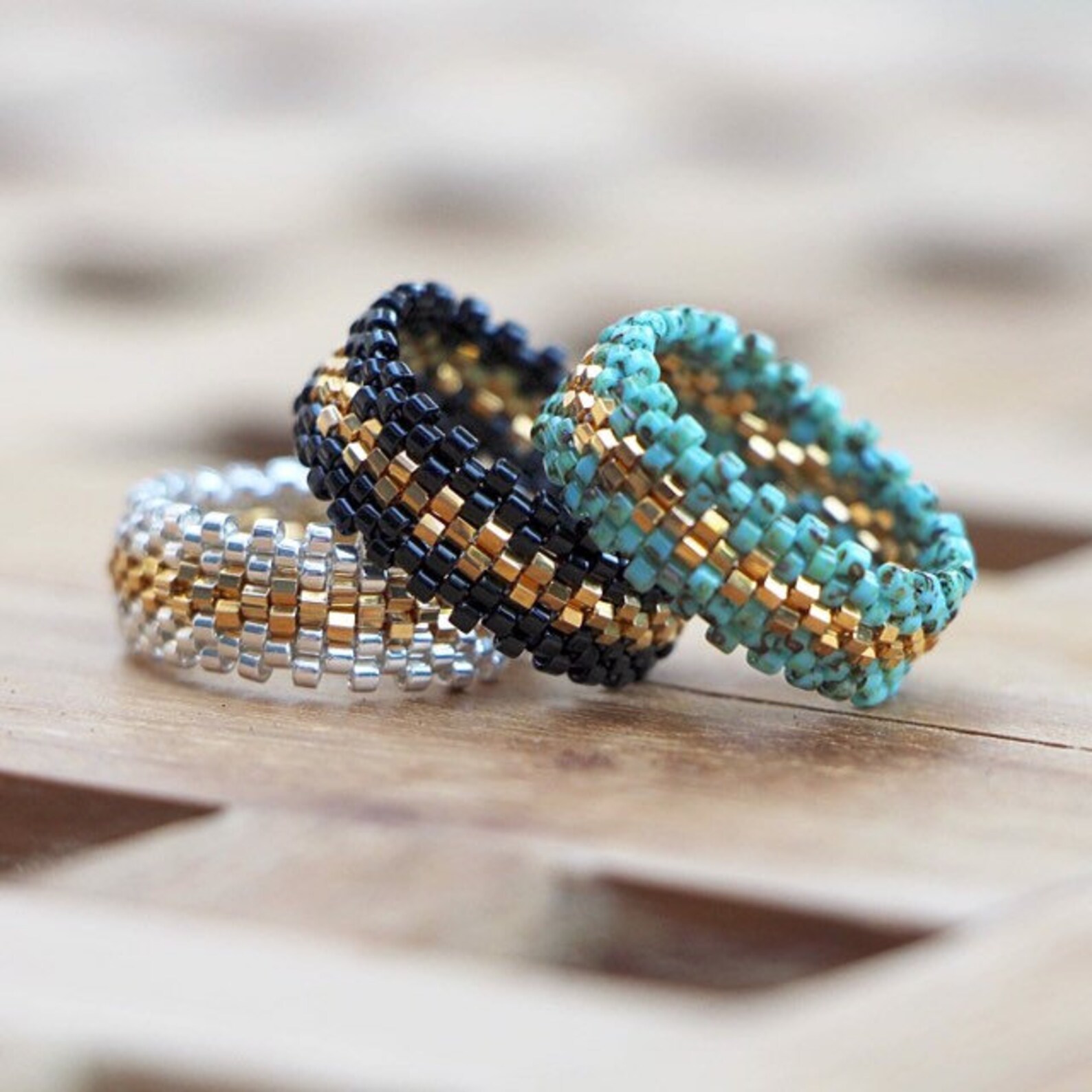COCO Rings Woven in Miyuki Gold Gold Silver Black Turquoise - Etsy UK