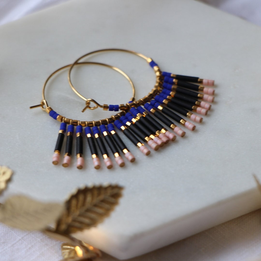 B.O. BAMBOU Golden Hoop Earrings With Miyuki Pearl Fringes, 24K Gold ...