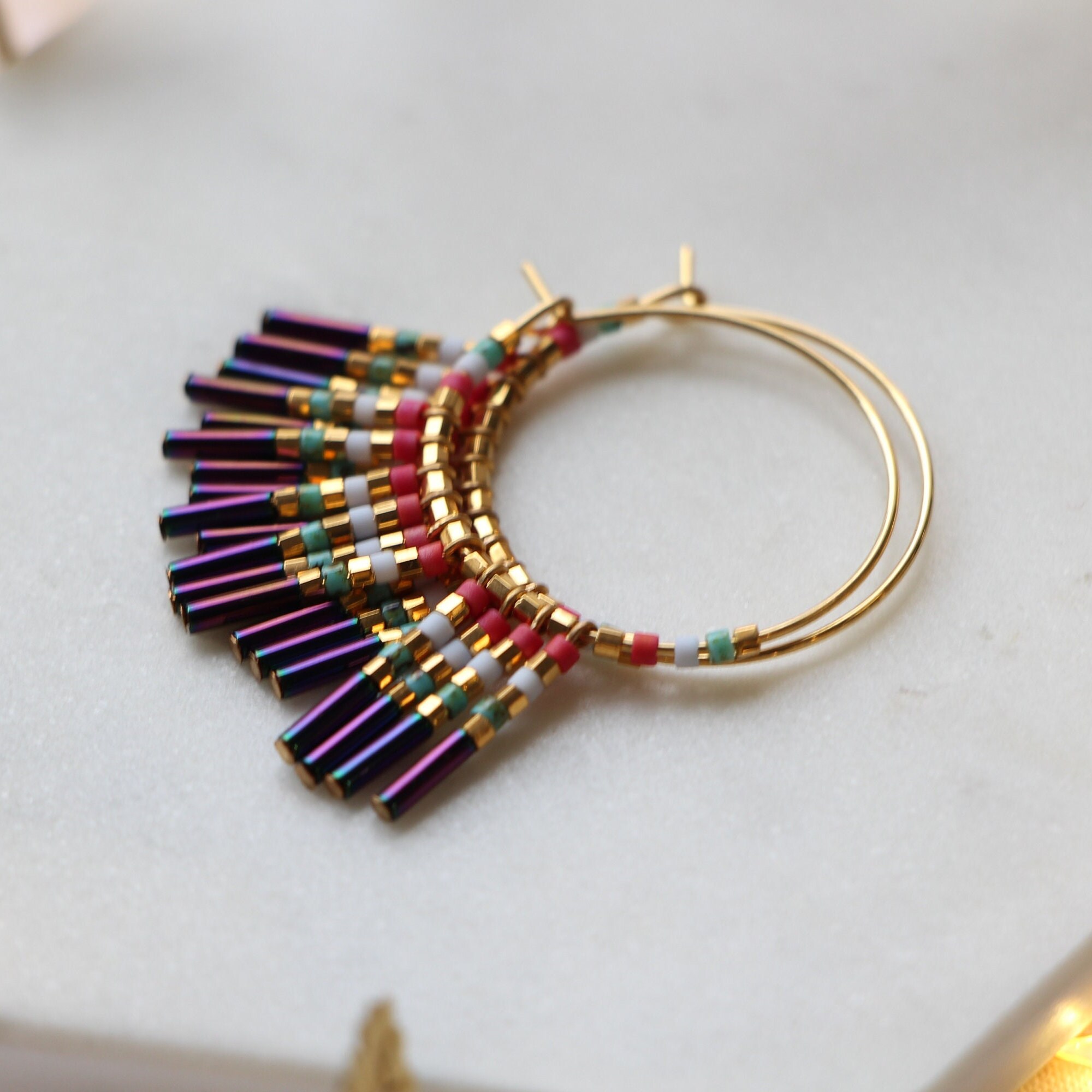 B.O. BAMBOU Gold Hoop Earrings With Miyuki Pearl Fringes, 24K Gold ...