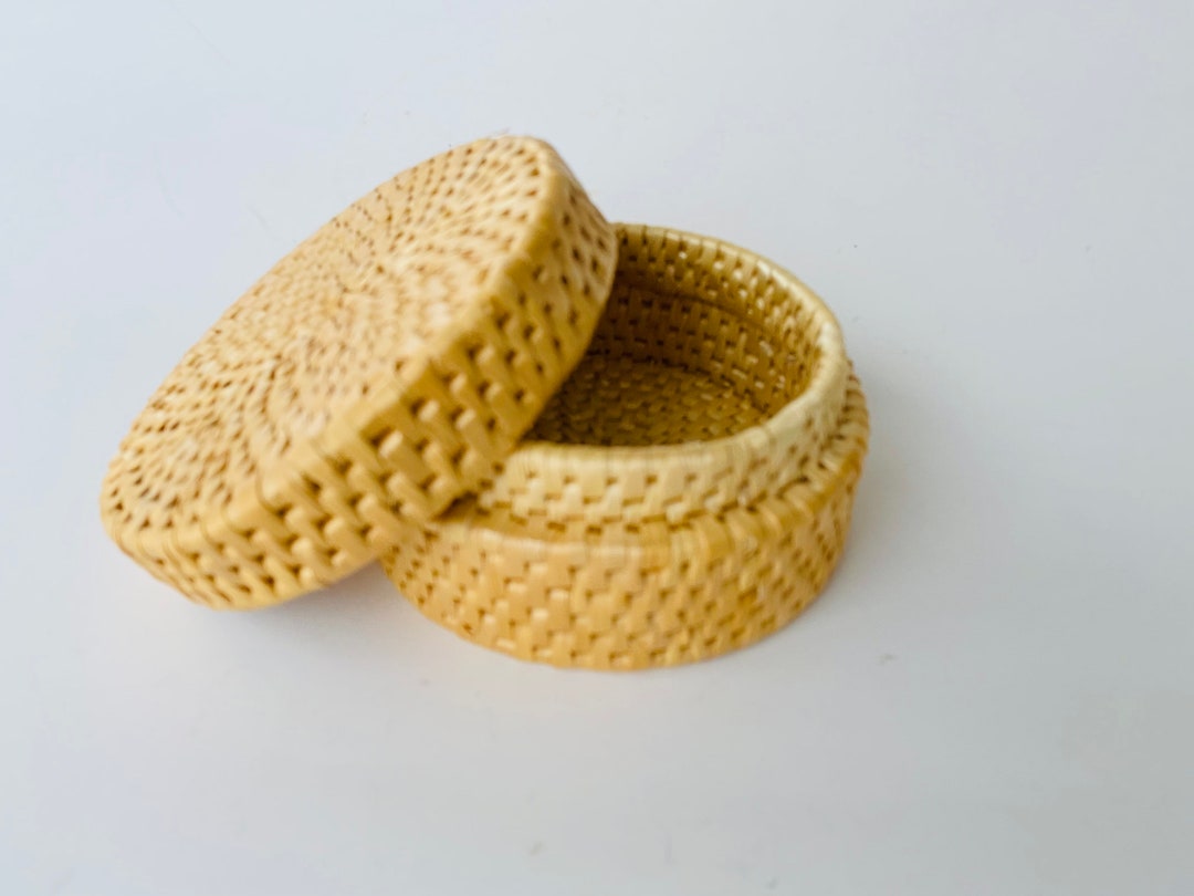 Vintage Wicker Rattan Trinket Box Wicker Lidded Box Round - Etsy