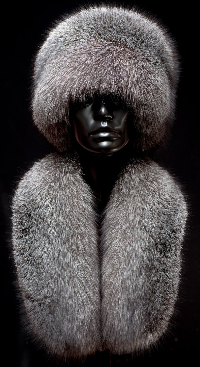 Superior Silver Black Frost Fox Fur Set of Beanie Cossack Hat | Etsy