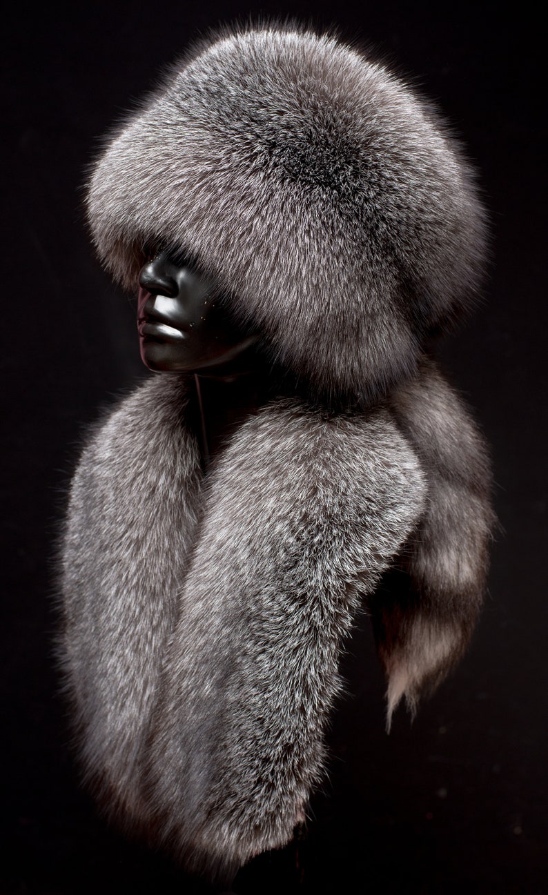 Superior Silver Black Frost Fox Fur Set of Beanie Cossack Hat | Etsy