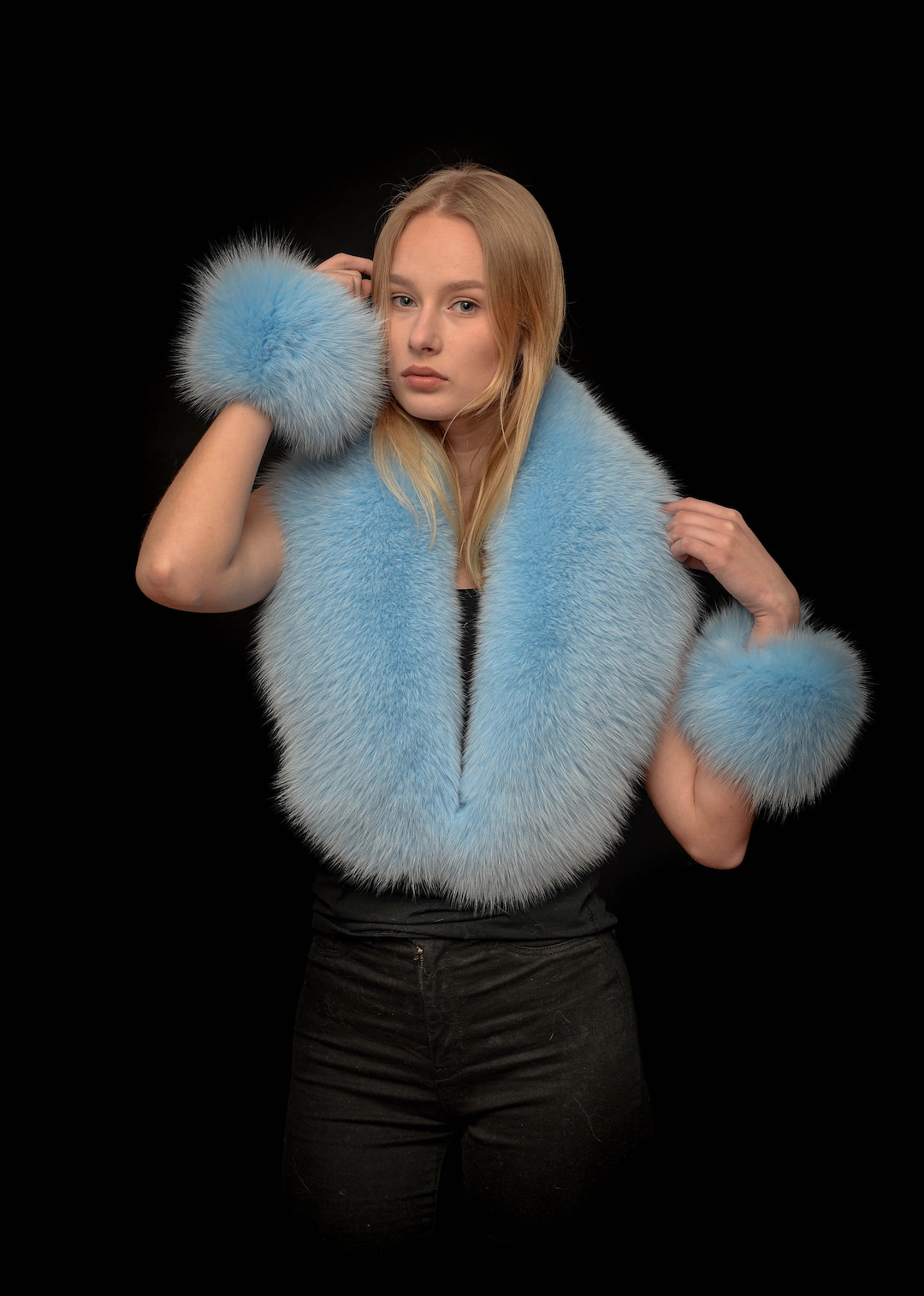 Saga Furs Soft Blue Arctic Fox Fur Collar Scarf Boa Shawl + Cuffs - Etsy