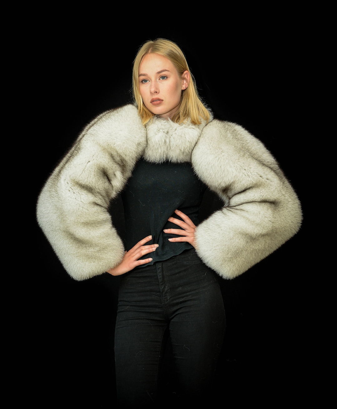 Genuine Natural White Blue Fox Fur Arm Warmers Bolero Sleeves + Scarf ...