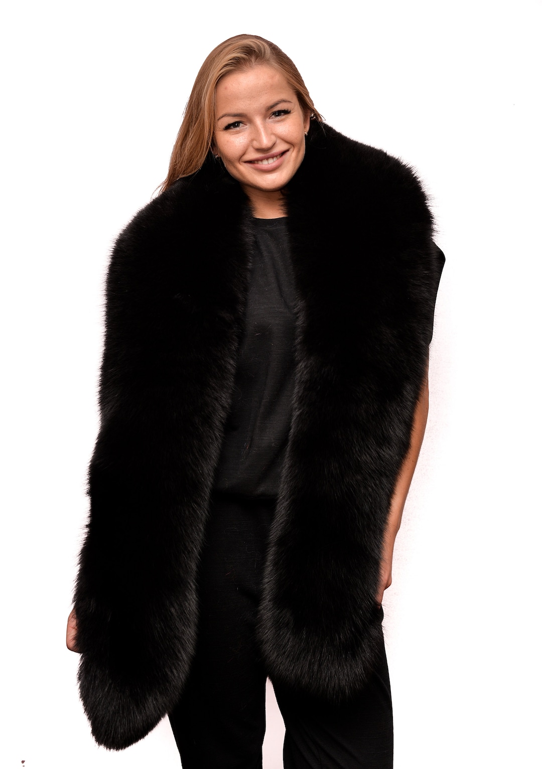 Jet Black Fox Fur Ladies Stole Boa Shawl Shoulder Wrap Collar 70" - Etsy