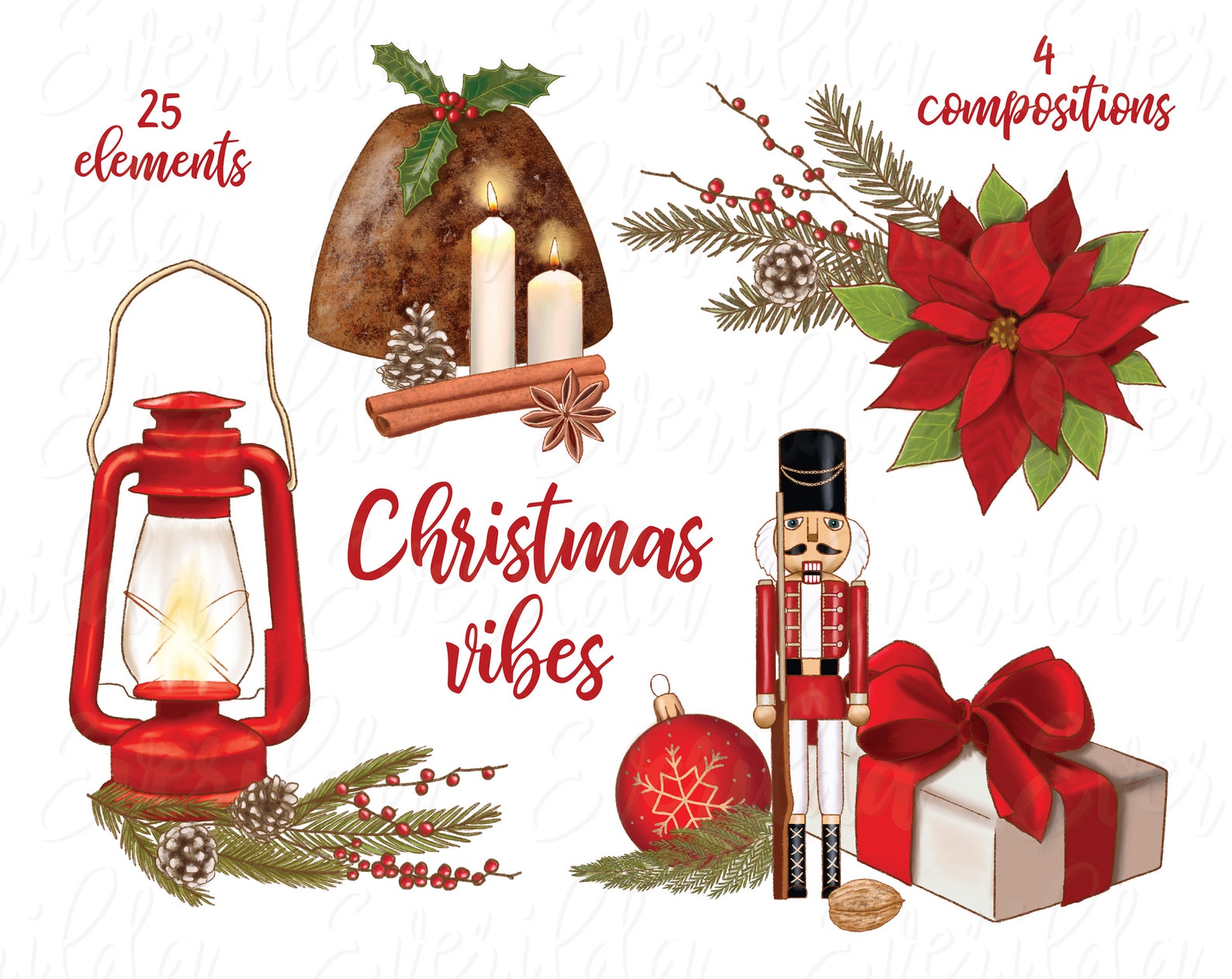 Christmas Vibes Clipart Set, Floral Poinsettia Red Winter Lantern ...
