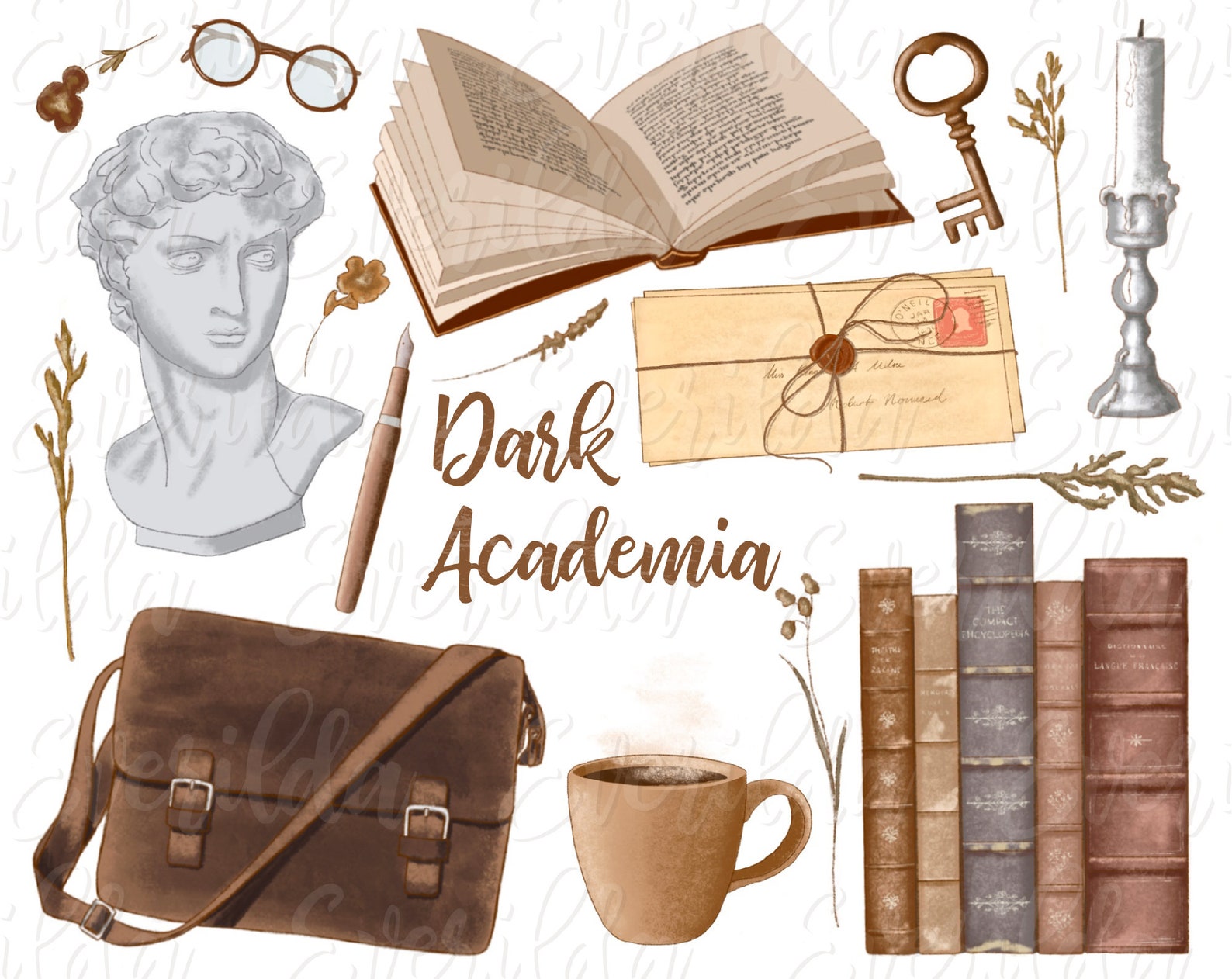 Dark Academia Aesthetic Clip Art, Hand Drawn, Old Fashioned Vintage ...